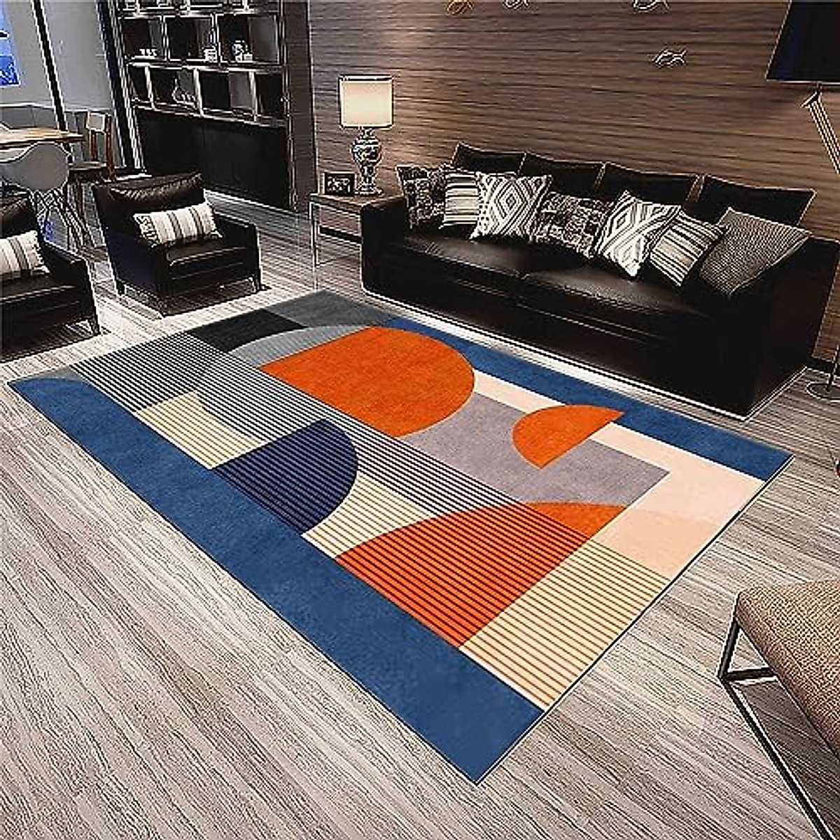 Modern Abstract Area Rug, 5x7ft, Blue Orange Gray Modern Geometric Rug Pad, Luxurious Fashion Minimalistic Art Design Anti-Slip Washable Carpet for Living Room, Indoor Rugs for Bedroom Dorm Hotel