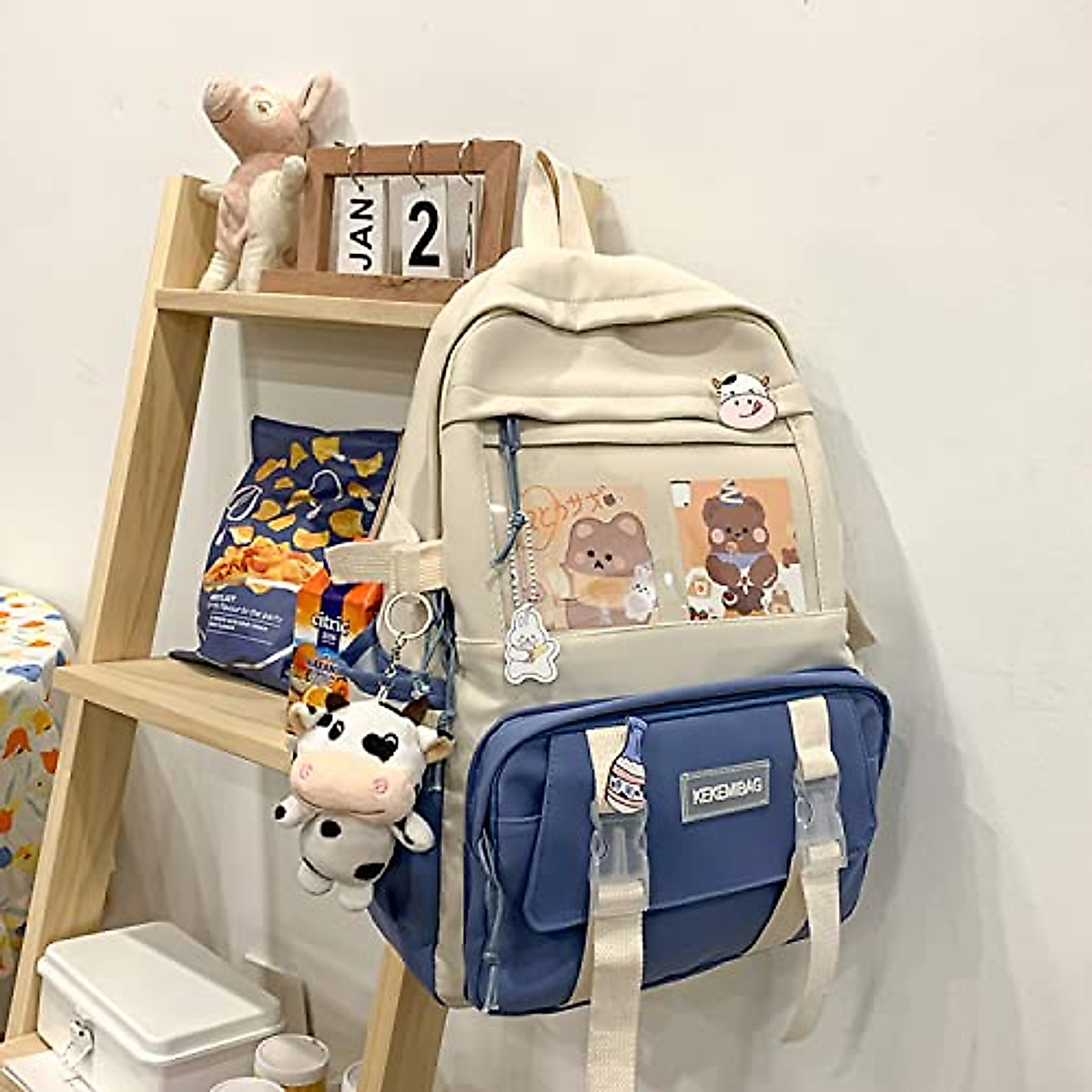 Bersauji Kawaii Backpack with Card Cover Pendant Pins Accessories Cute Aesthetic Backpack Large Capacity Laptop Bag