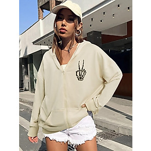 LOTUCY Have The Day You Deserve Zip Up Hoodies Women Oversized Skeleton Peace Sweatshirt Vintage Y2K Jacket Apricot