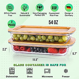 Grünhirsch Glass Food Storage Containers with Bamboo Lids - (2 Pack, 54 Oz) Beautiful Stackable Wooden Lids Eco-Friendly Airtight Meal Prep | BPA-Free