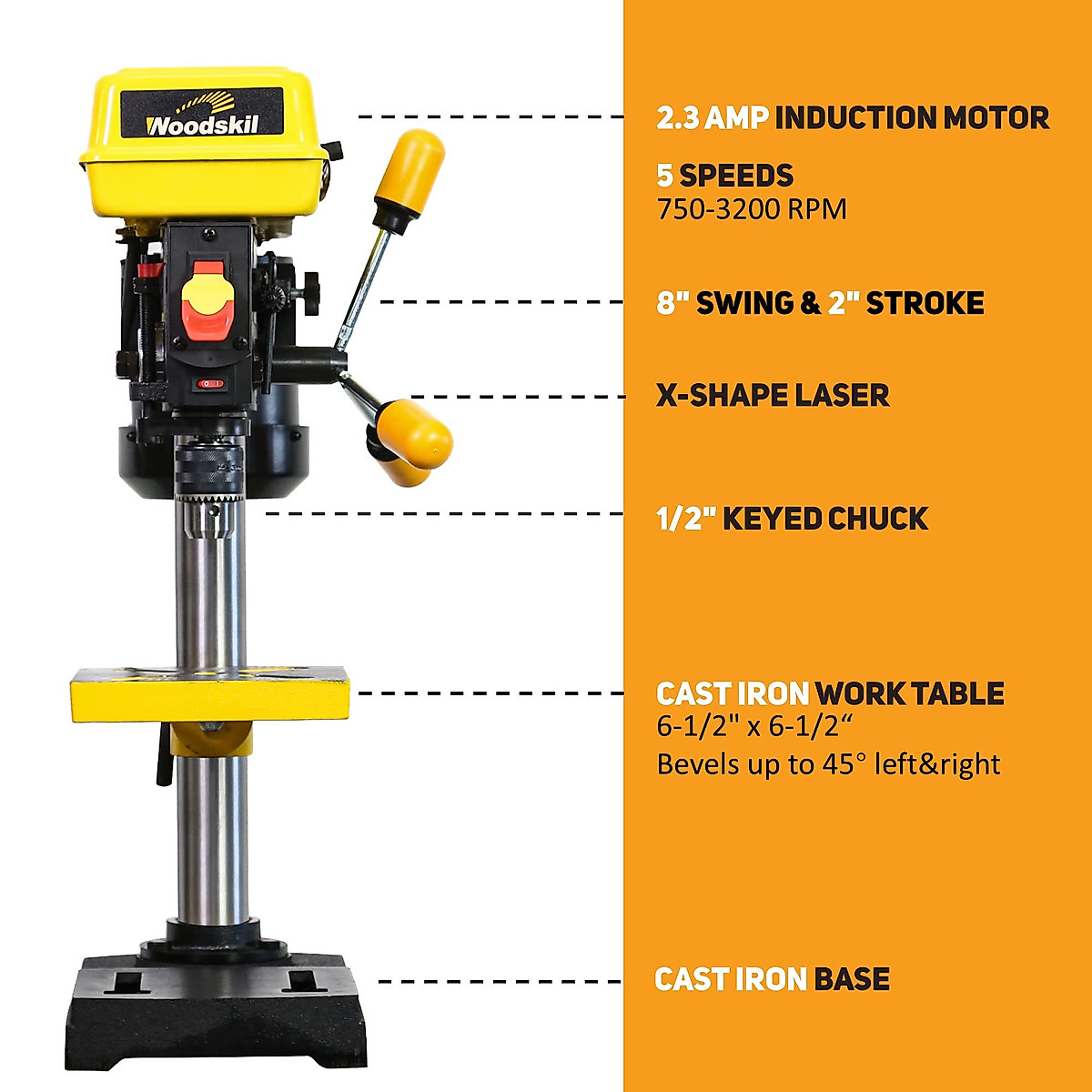 Woodskil 8 Inch Drill Press, 2.3 Amp 5-Speed Bench Drill Press, Bench Top Drilling Machine