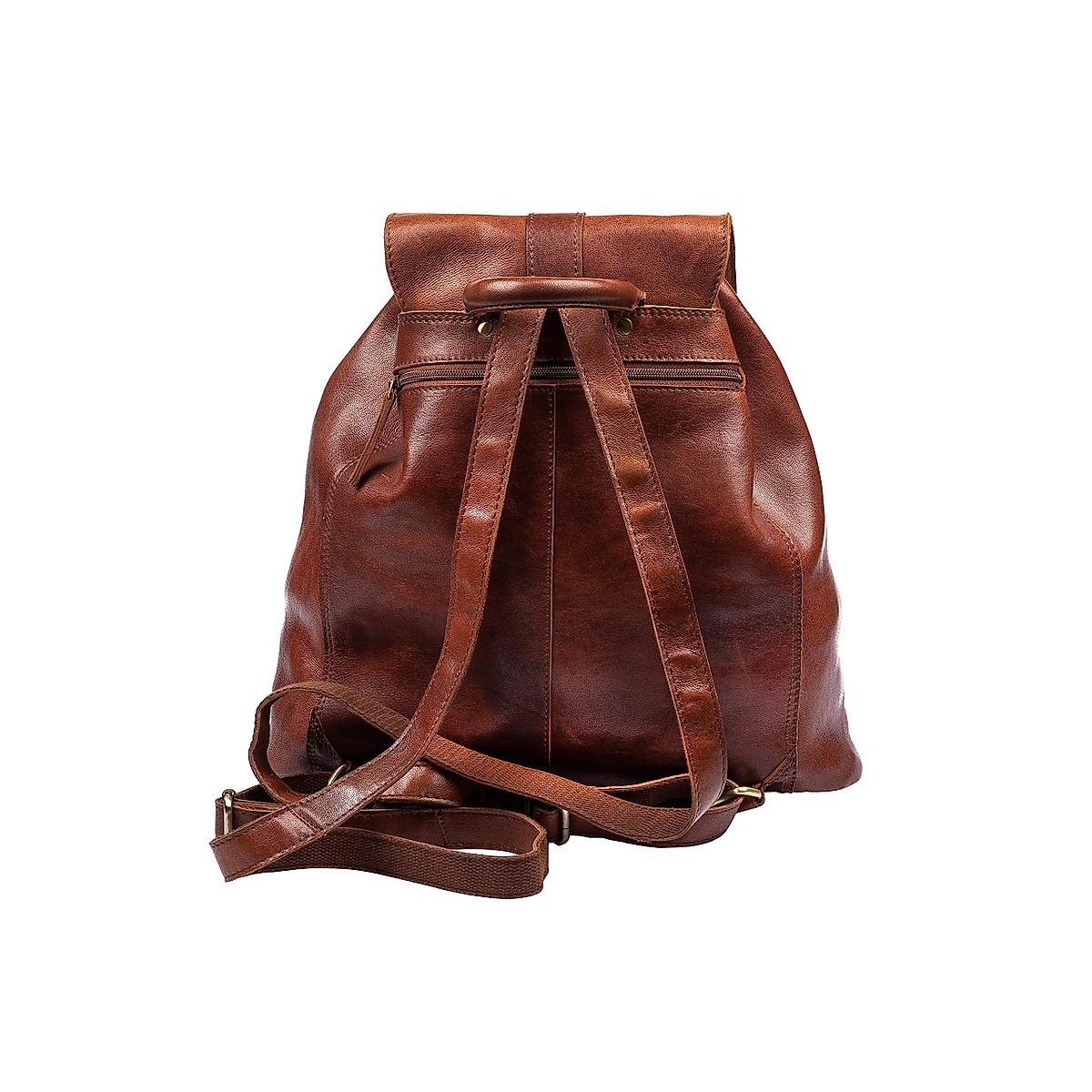 Zinda Genuine Leathers Unisex Backpack Drawstring Satchel Flap Over Book Bag Multiple Pockets Travel Bag (Cognac)
