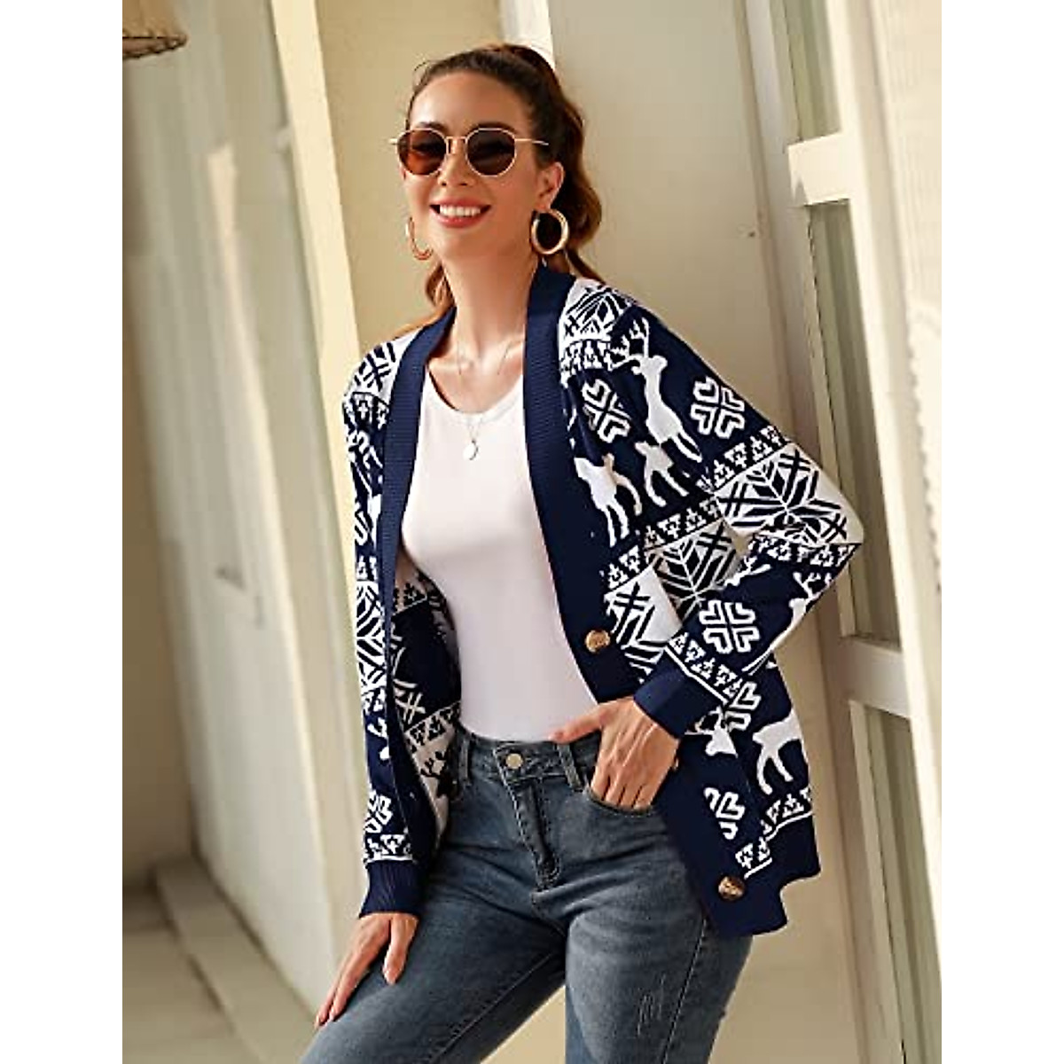 Cowasto Women's Reindeer Knitted Christmas Cardigan Sweater Comfy Button Up Casual Open Front Festive Sweaters Navy Blue X-Large