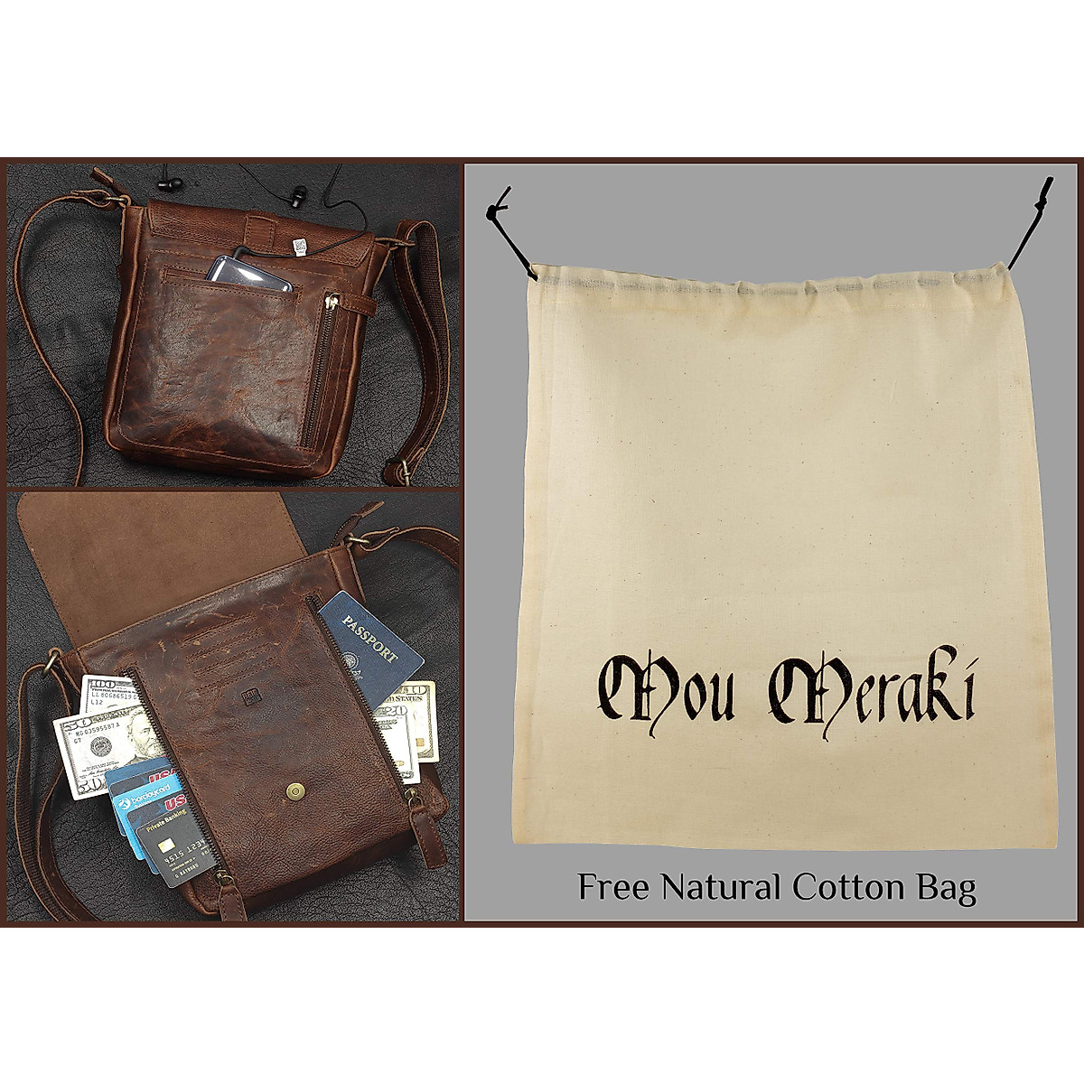 Mou Meraki Genuine Leather Brown Crossbody Purse and Handbags - Crossover Bag Over the Shoulder