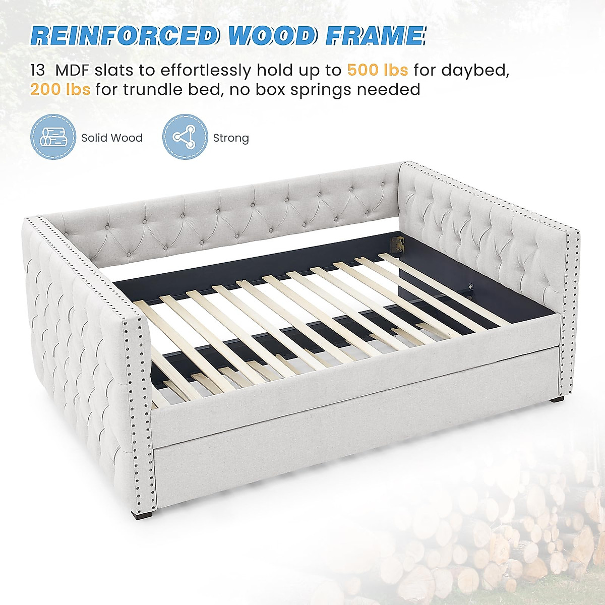 Antetek Daybed with Trundle, Modern Upholstered Full Size Button-Tufted Sofa Bed Frame with A Roll-Out Trundle, No Box Spring Needed, Furniture for Bedroom Living Room Guest Room (Beige, Full)