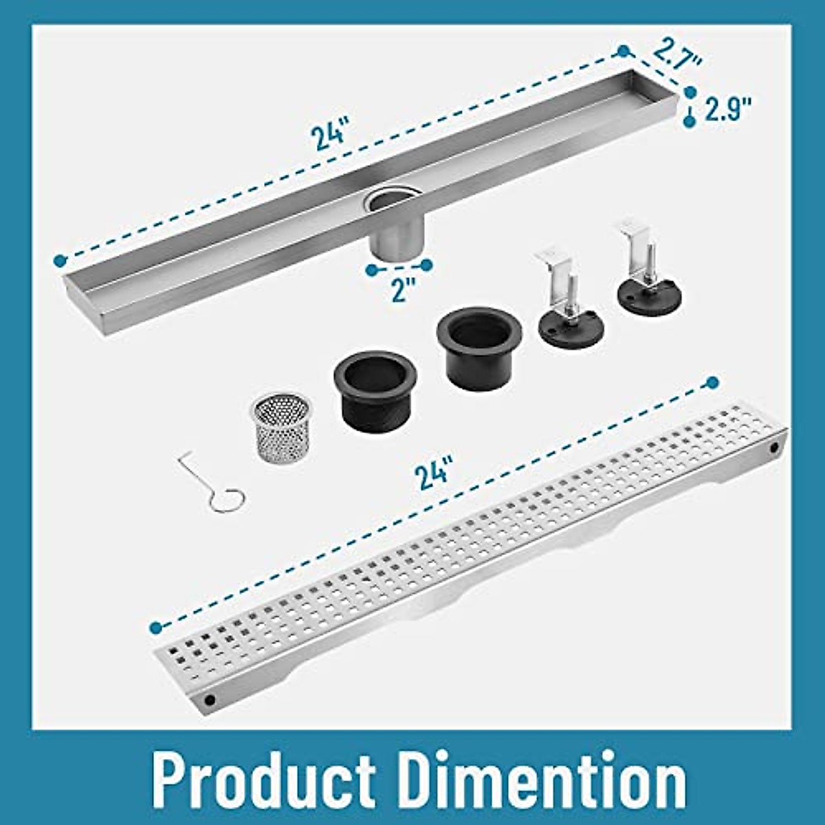 24 Inch Linear Shower Drain Brushed Nickel,304 Stainless Steel Floor Drain for Bathroom, Rectangular Shower Floor Drain with Grate Removable with Hair Strainer from Le Bijou Collection