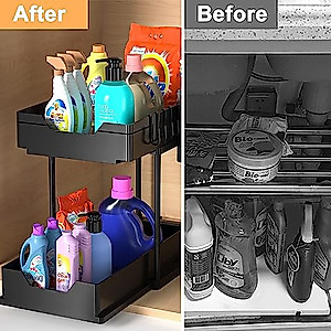Auzeuner 2 Pack Under Sink Organizers and Storage, 2-Tier Sliding Cabinet Basket Organizer with Hooks Hanging Cup, Multi-Purpose Under Sink Organizers and Storage for Bathroom Kitchen, (Black)