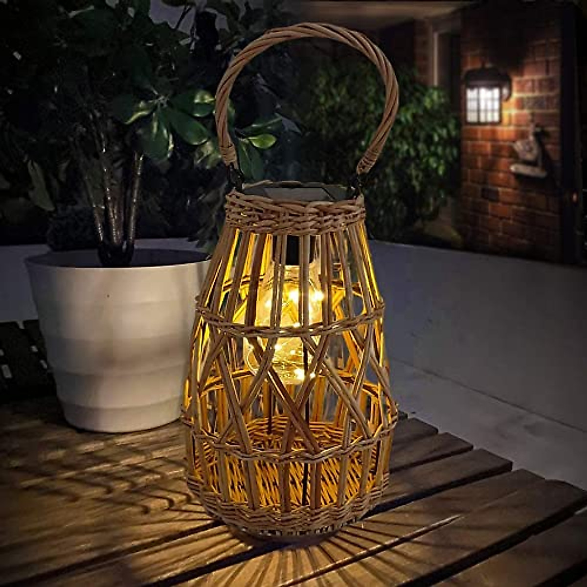 COLLECTIVE HOME - Outdoor Rattan Lantern, Solar Lantern with Handle, Summer Garden Decor, 15" Patio Waterproof Hanging Table Natural Lamp Lights, Wedding Home Decoration, Auto On/Off