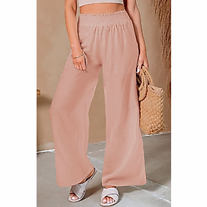 GIFTIME Beach Pants for Women - Smocked Lightweight Summer Flowy Pants for Women, Palazzo Pants for Women Dressy Casual, Wide Leg Pants for Women, High Waisted Pants for Women Latte XL