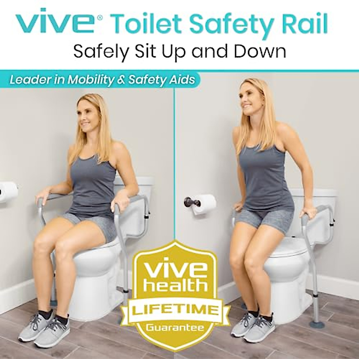 Vive Toilet Rail - Bathroom Safety Frame - Medical Railing Helper for Elderly, Handicap, Disabled, Seniors - Bariatric Assist Handrail Grab Bar - Adjustable Height, Padded Arms Fit Most Toilets