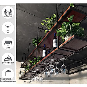 Ceiling Glass Rack Floating Shelves,Ceiling Shelf,Retro Bar Restaurant Iron Ceiling Mounted Storage Shelf/Hanging Decorative Floer Stand,Can Bear 65kg