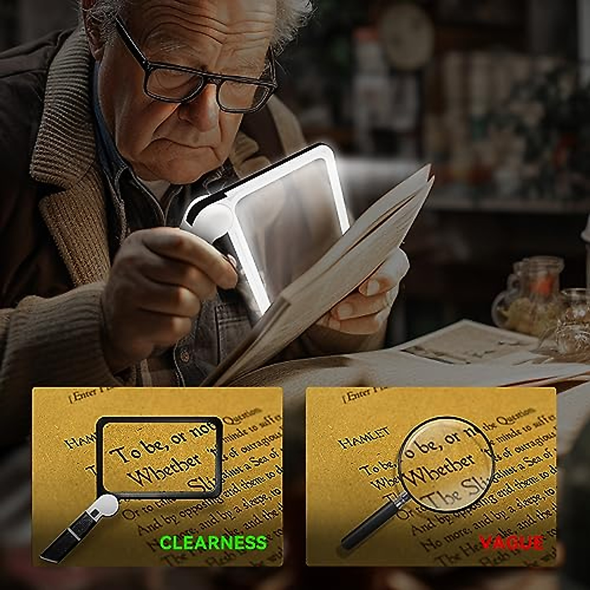 5X Magnifying Glass for Reading, Full-Page Large Rectangle Lighted Magnifier with Dimmable 48 LED Light, Folding Handheld Magnifiers Gifts for Macular Degeneration Seniors Reading Newspaper, Books