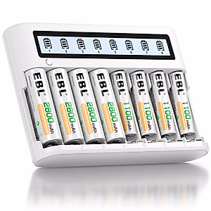 EBL 8 Bay Battery Charger with LCD Screen Fast Charging, AA AAA Battery Charger with 2800mAh NiMH AA Batteries 4pcs & 1100mAh AAA Battery 4pcs Combo