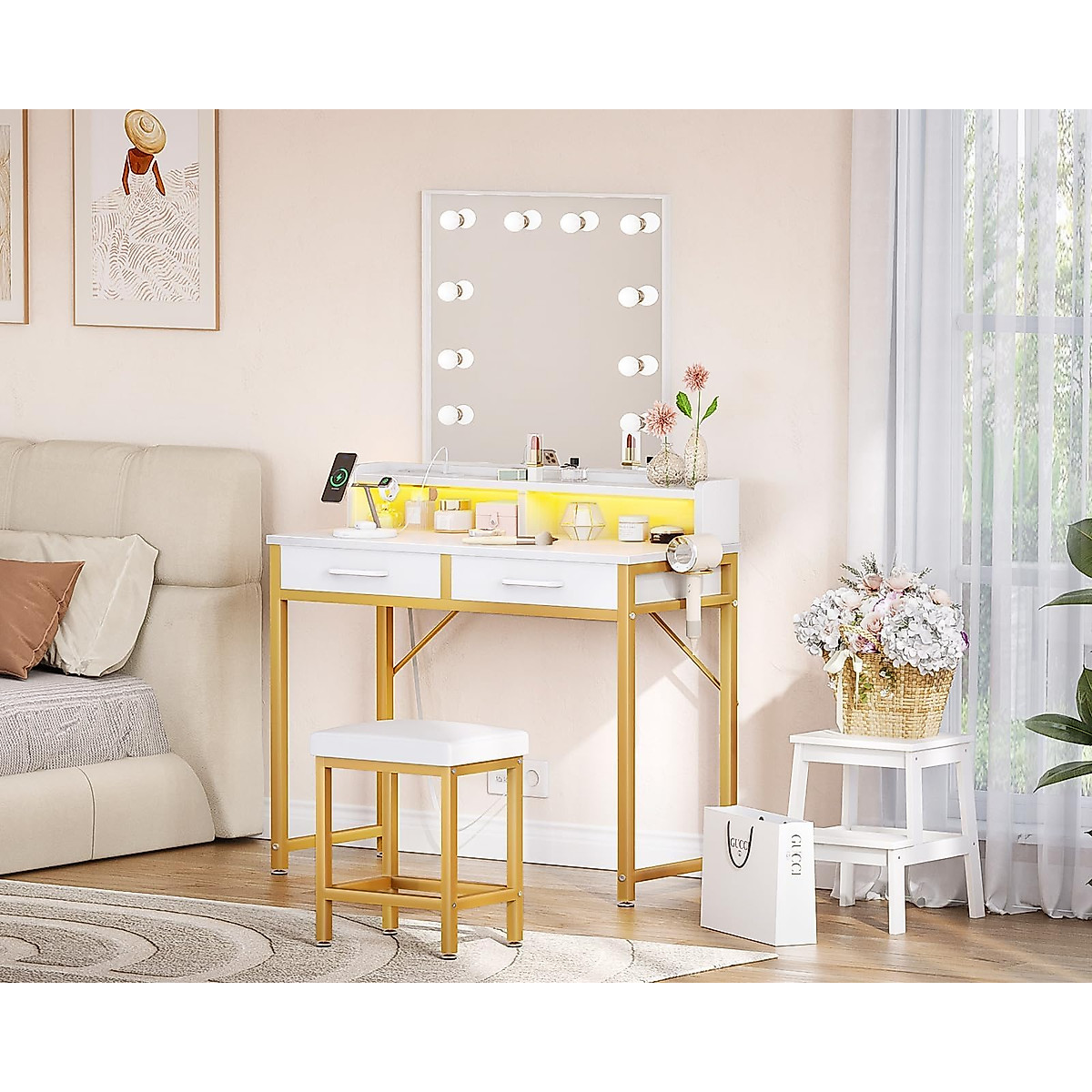 AODK Vanity Desk with Vanity Chair, Makeup Vanity with LED Lights, White Small Vanity Desk Without Mirror, 32 Inch Makeup Table for Small Space with 2 Fabric Drawers, Desk Make Up Vanity for Girls