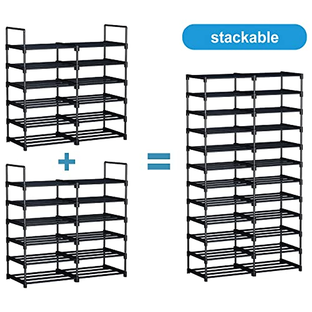 Samhe 6 Tiers Shoe Rack, 24 Pairs Shoes Boots Storage Organizer Stackable Metal Stand Shelf for Closet Entryway Hallway, Black