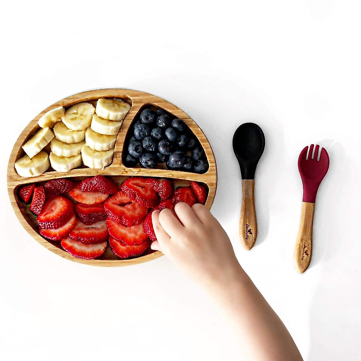 Avanchy Baby Fork Set, Bamboo and Silicone Spork Utensils, Toddler Baby Led Weaning Silverware Cutlery Flatware, Kids First Self Feeding, 2 Pack, Blue