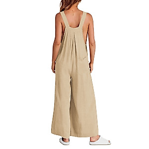 Buenoble Linen Overalls for Women Loose Fit Boho Wide Leg Jumpsuits Casual Summer Pleated Rompers with Pockets(0020-Apricot-M)
