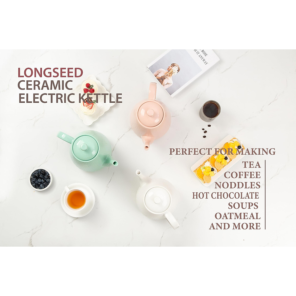 LONGSEED Ceramic Electric Kettle with Fine Mesh Infuser, 1.2L/1000W Boil Water Quickly and Easily with Boil-Dry Protection Auto Shut Off, Detachable Swivel Base, Glazed Relief Carving