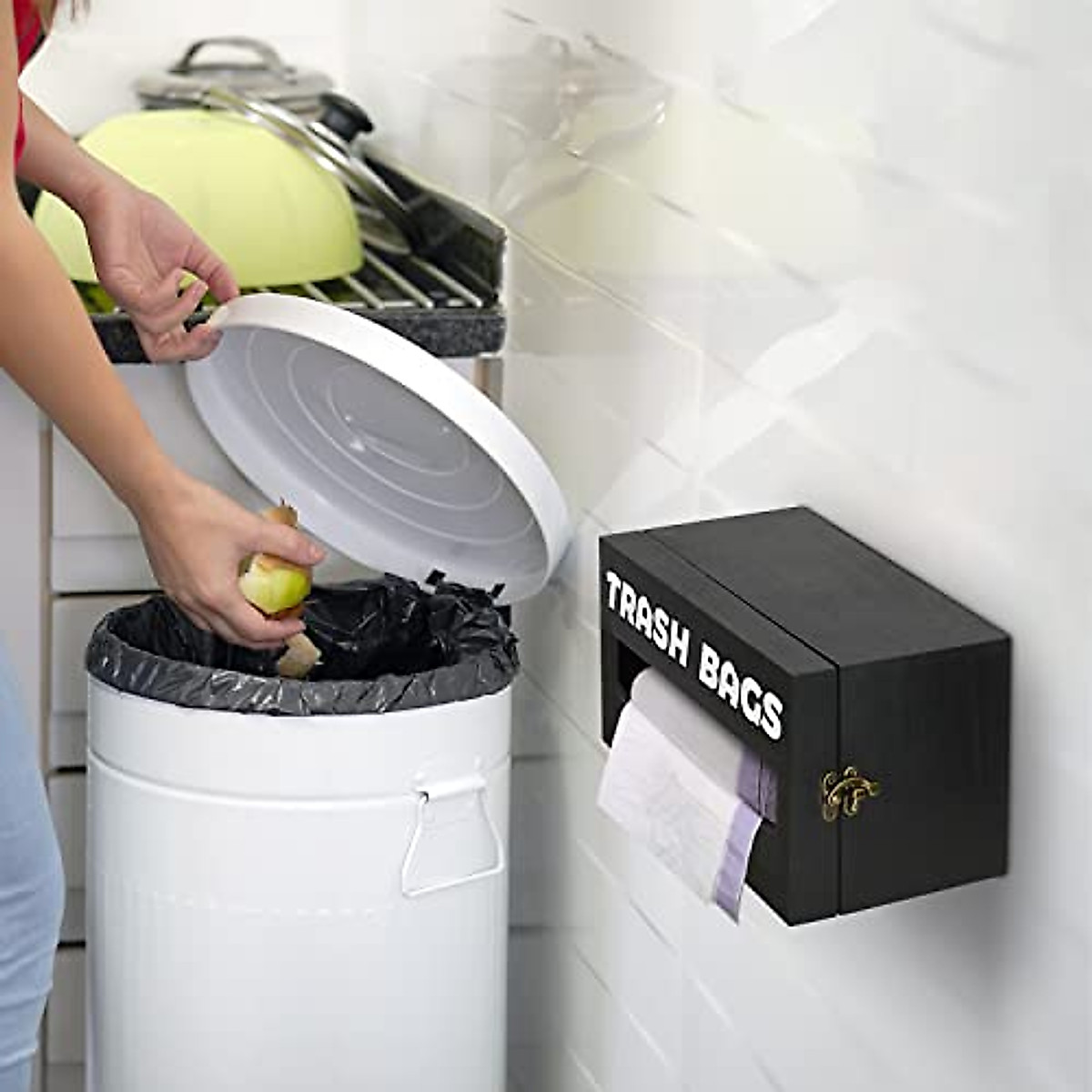 Trash Bag Dispenser Wall Mounted, Wooden Trash Bag Holder, Garbage Bag Dispenser Roll Holder Farmhouse Plastic Bag Roll Holder, Kitchen Trash Can Liner Organizer for Kitchen, Pantry