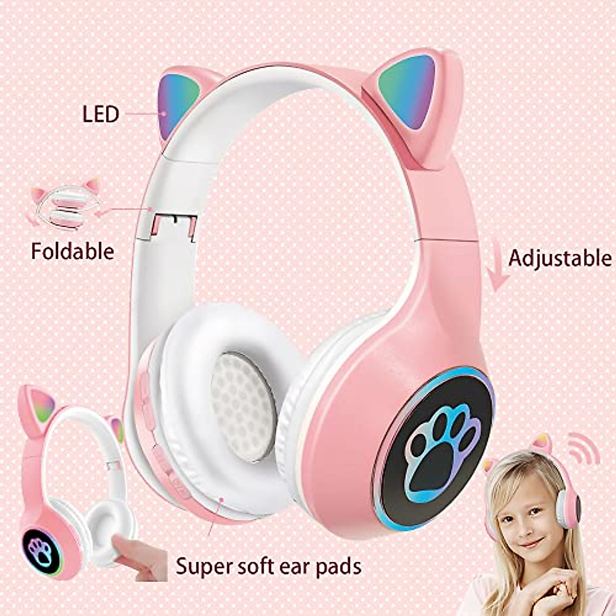 OONOL Kids Wireless Bluetooth Headphones, LED Light Over Ear Foldable Headphone with Microphone and Wired for Girls Women (Pink)