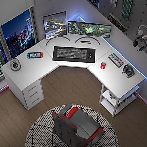 LVB White L Shaped Corner Desk with Drawers, Reversible Modern L-Shaped Computer Desk with Storage Cabinet Shelves, Large Wood L Shape Home Office Desk Table for Work Study Writing Gaming, 60 Inch