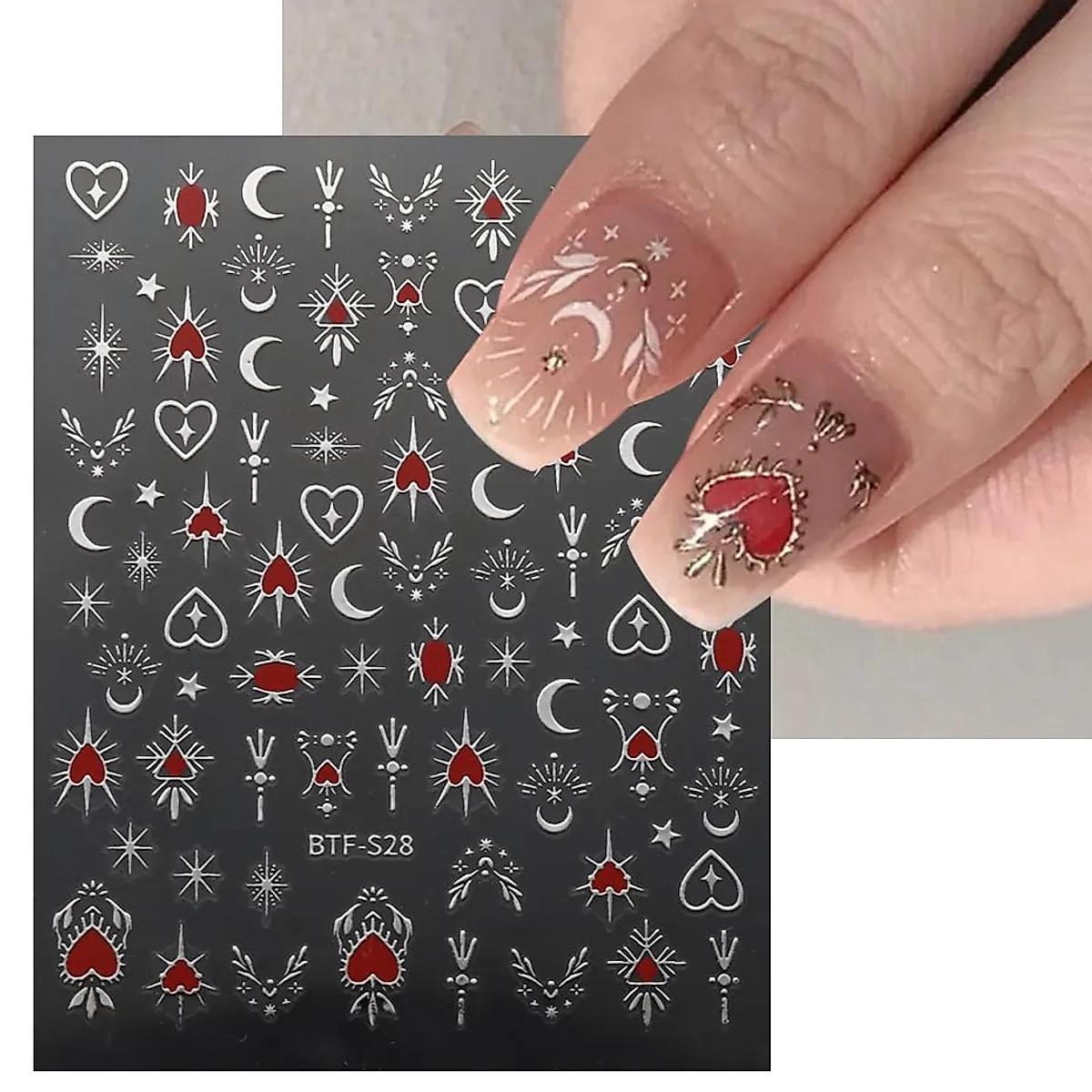 8 Sheets Gold Sun Star Nail Art Stickers Bronzing Moon Nail Decals 3D Self-Adhesive Red Heart Nail Stickers Exquisite Glitter Rose Gold Silver Star Moon Design Women Girls for DIY Nail Decorations