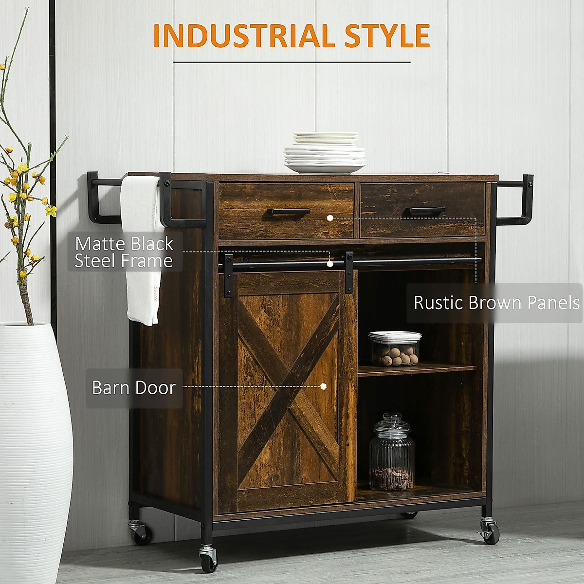 HOMCOM Industrial Kitchen Cart, Rolling Kitchen Island with Adjustable Shelf, Two Drawers, Sliding Barn Door Cabinet and Towel Rack, Rustic Brown