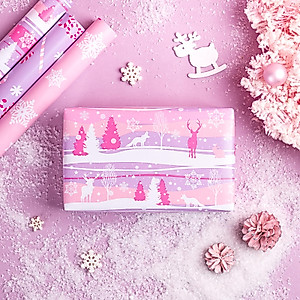 WRAPAHOLIC Christmas Wrapping Paper Roll - Mini Roll - 3 Rolls - 17 Inch X 120 Inch Per Roll - Pastel Pink and Purple Reindeer, Candy Cane with JOY, Snowflake Holiday Collection