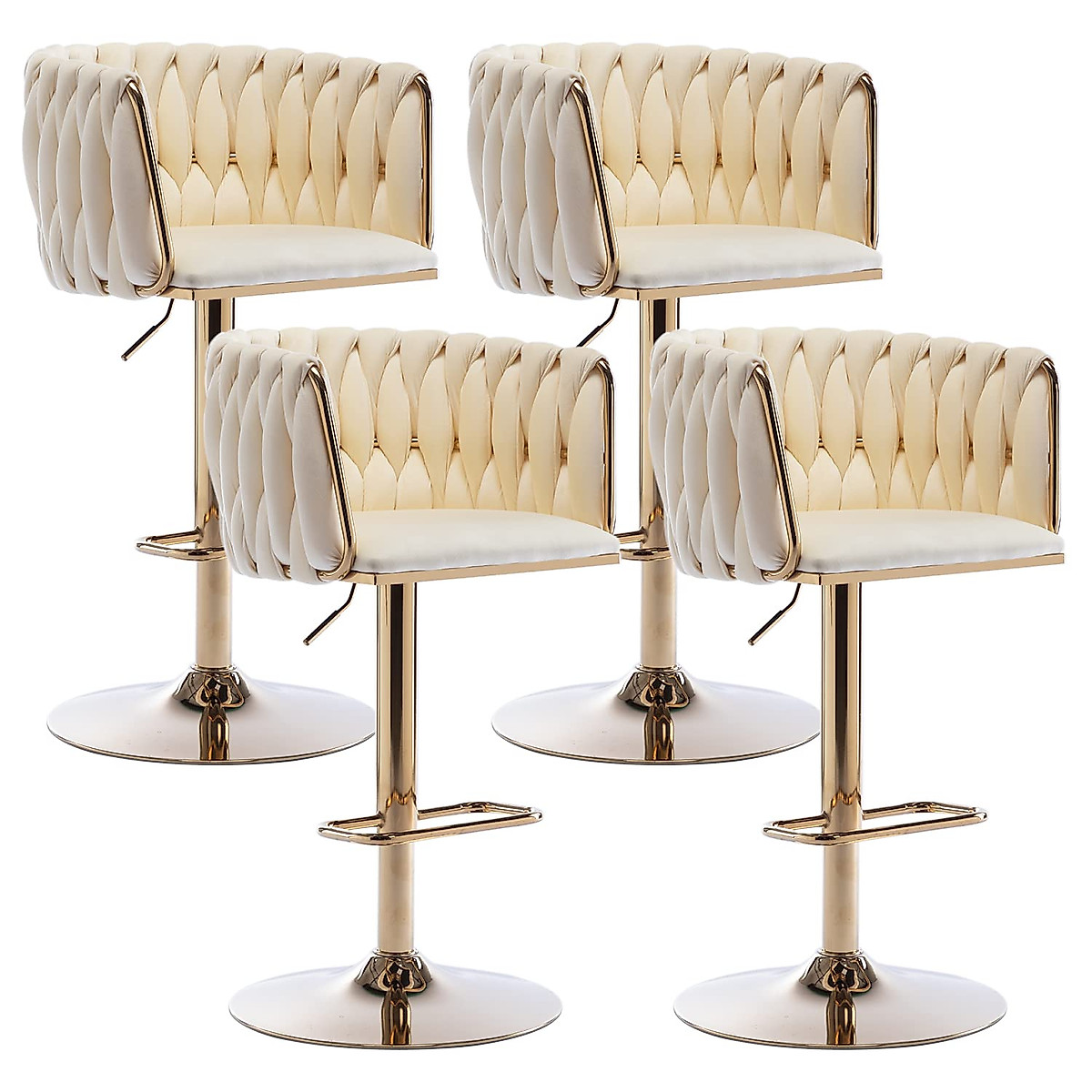 Kiztir 360° Velvet Swivel Bar Stools Set of 4, Adjustable Counter Height Bar Chairs with Woven Back & Footrest, Luxury Gold Bar Stools for Kitchen Island, Cafe, Pub (Ivory)
