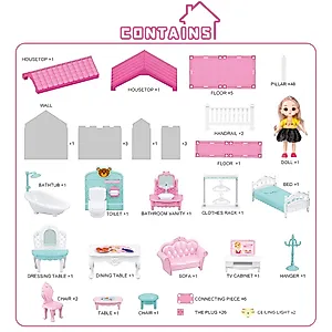 Elf Lab Dollhouse Building Toys, Princess Doll House, Playset with Lights, Furniture, Accessories and Dolls, Cottage Pretend Doll House Set, Creative Present for Girls Toddlers (4 Rooms)