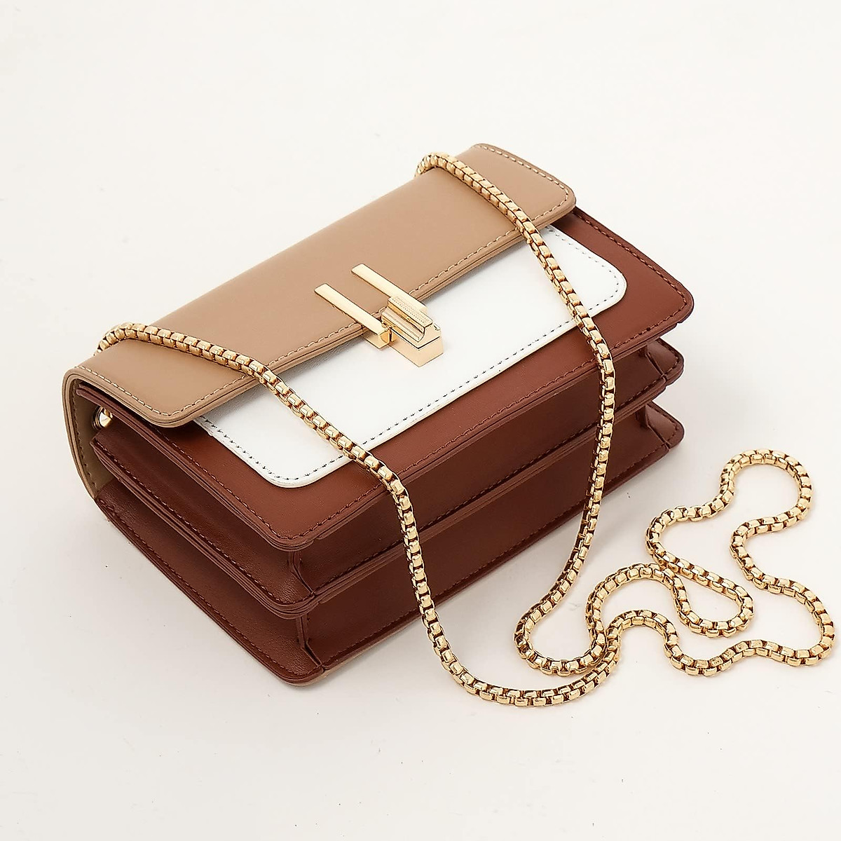 Crossbody Bags Cute Faux Leather Trendy Cross Body Bag for Women Small Color-Block Designer Handbags Ladies Satchel Chain Strap Shoulder Bag Brown Beige