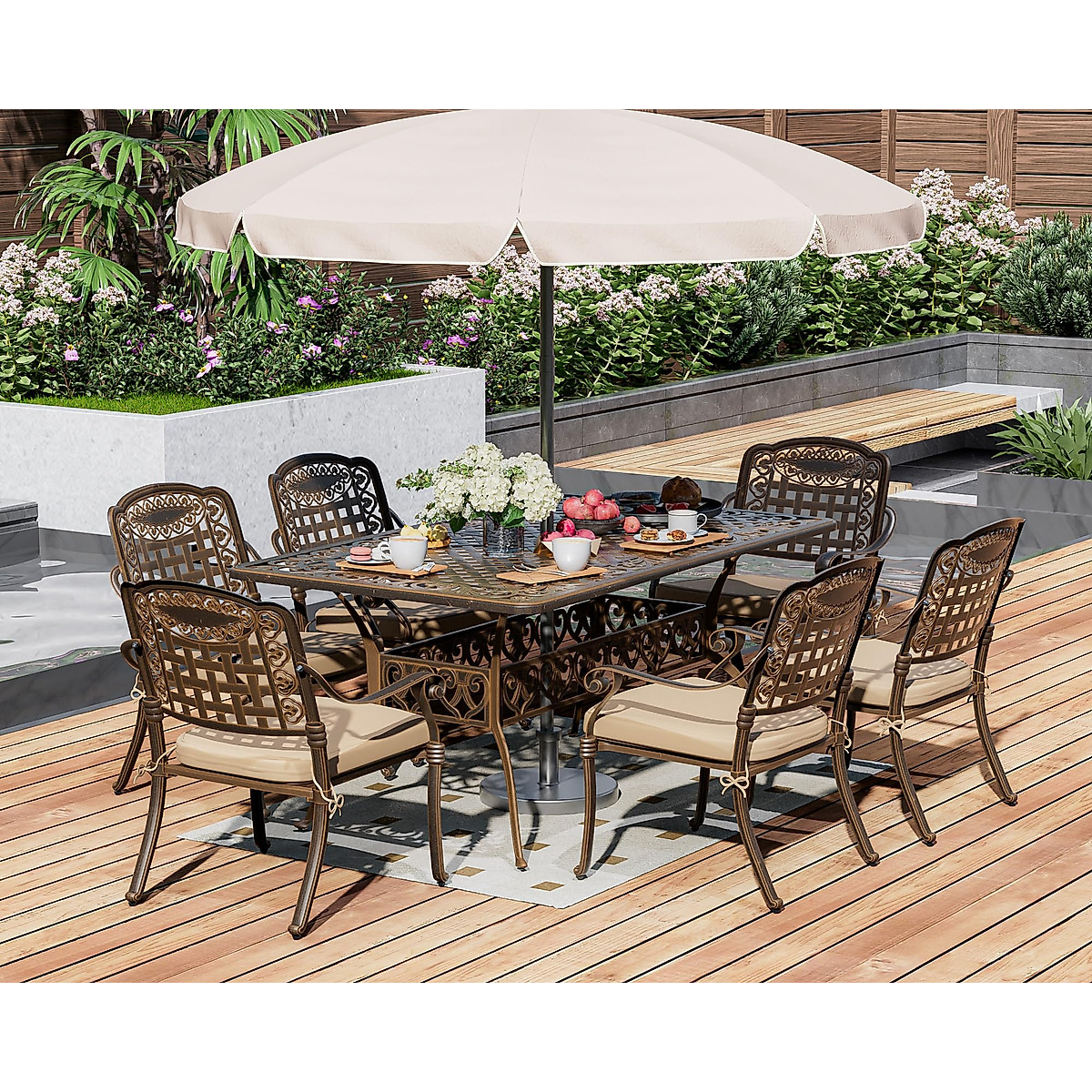 TITIMO Cast Aluminum Patio Dining Set 7-Piece with Cast-Top Table and Chairs with Cushions,Outdoor Furniture Set for Backyard Porch Pool (6 Love Chairs+Rect Table+Khaki Cushions)