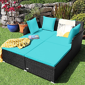 Salches Outdoor Rattan Daybed, Patio Loveseat Sofa Set w/Comfortable Cushions Extra Pillows & Metal Foot, Sunbed Wicker Furniture for Yard/Poolside/Living Room/Garden/Porch, 1, Turquoise