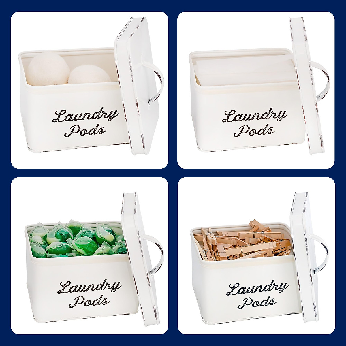 AuldHome Enamelware Laundry Pod Holder; Rustic White Laundry Pod Storage Container