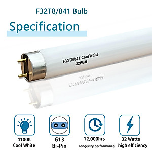 48 inch F32T8/841 32W T8 Fluorescent Tube Light Bulb, 4 Foot 32Watt/TL841 CW Cool White 4100K,2800 Lumen,G13 Medium Bi-Pin Base (10 Pack)