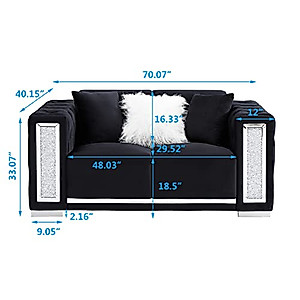 Melpomene Black Velvet Loveseat Sofa,Handmade Button Tufted Square Arm withFaux Diamonds, Mirrored Trim,Silver Metal Legs