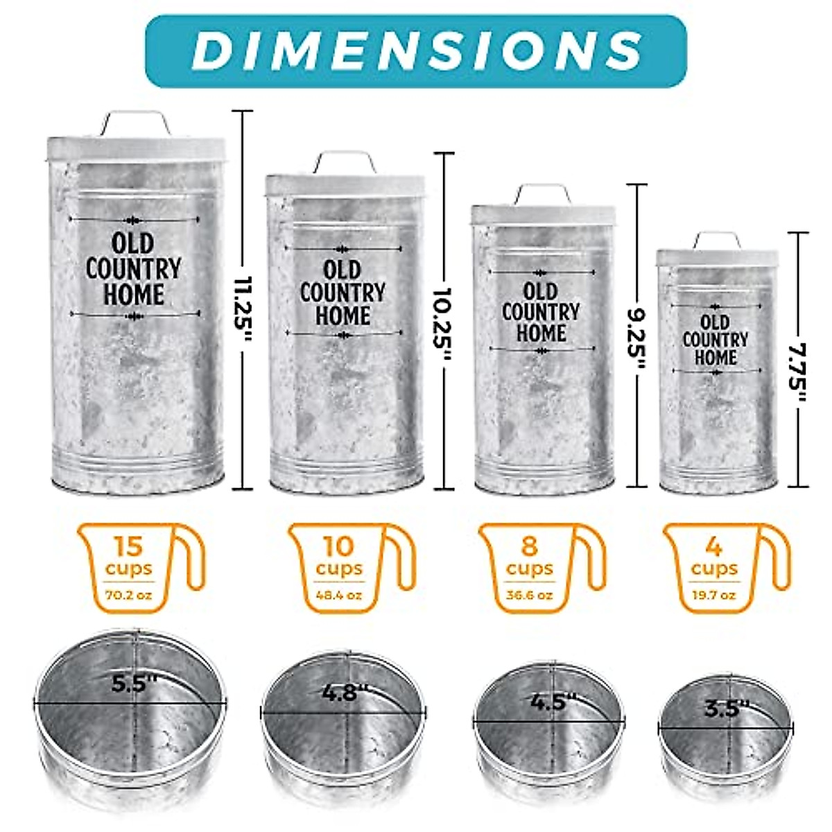 Saratoga Home Farmhouse Canister Set for Kitchen Coffee Tea Sugar Container Set with Labels & Marker, 4 Airtight Galvanized Rustic Tin Metal Flour Sugar Canister Sets for Kitchen Counter, Silver