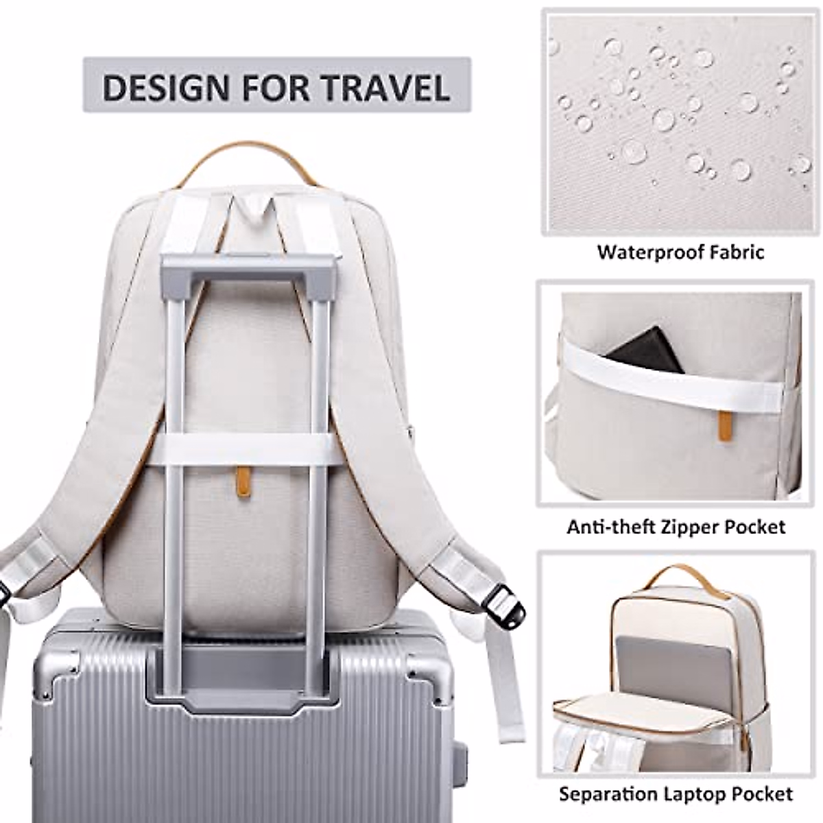 Smart Laptop Backpacks 15.6 inch for Women Men Business Travel Weekender Carry on Backpack with USB Charging Port & Wet Large College Bookbags Backpacks for Work (Beige)