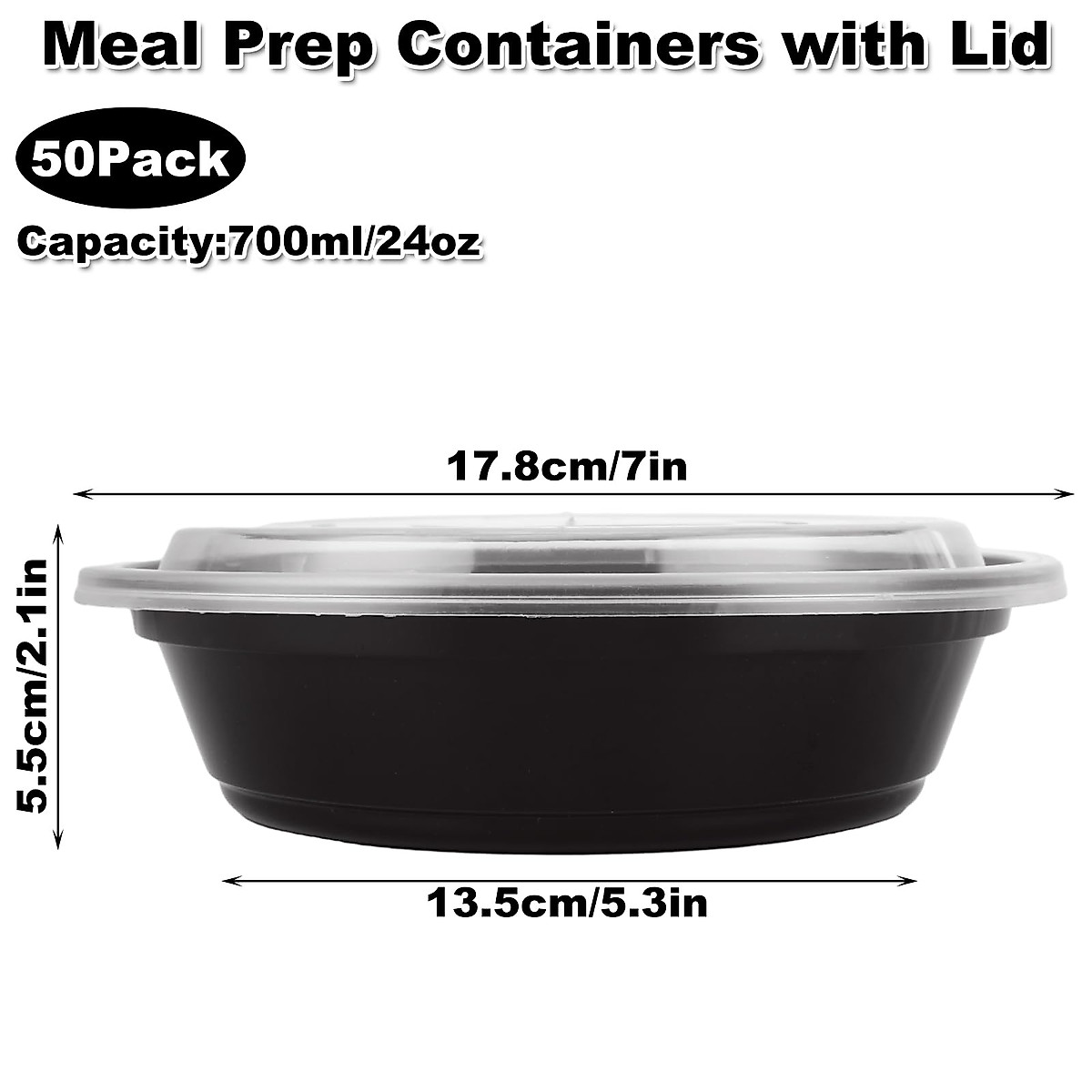LDHHYH 50 Pack 24 oz / 700 ml Meal Prep Containers with Lids, Plastic Thick Food Storage Containers, Round Meal Prep Bowl, BPA-Free, Freezer & Dishwasher Safe-Black
