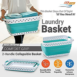 Pop & Load Collapse & Store 1 Large 25" Slim Collapsible Plastic Laundry Basket, Space Saving Portable Pop Up Storage & Organization Basket, 3" High When Folded, Dual Comfort Grip Handles, Teal