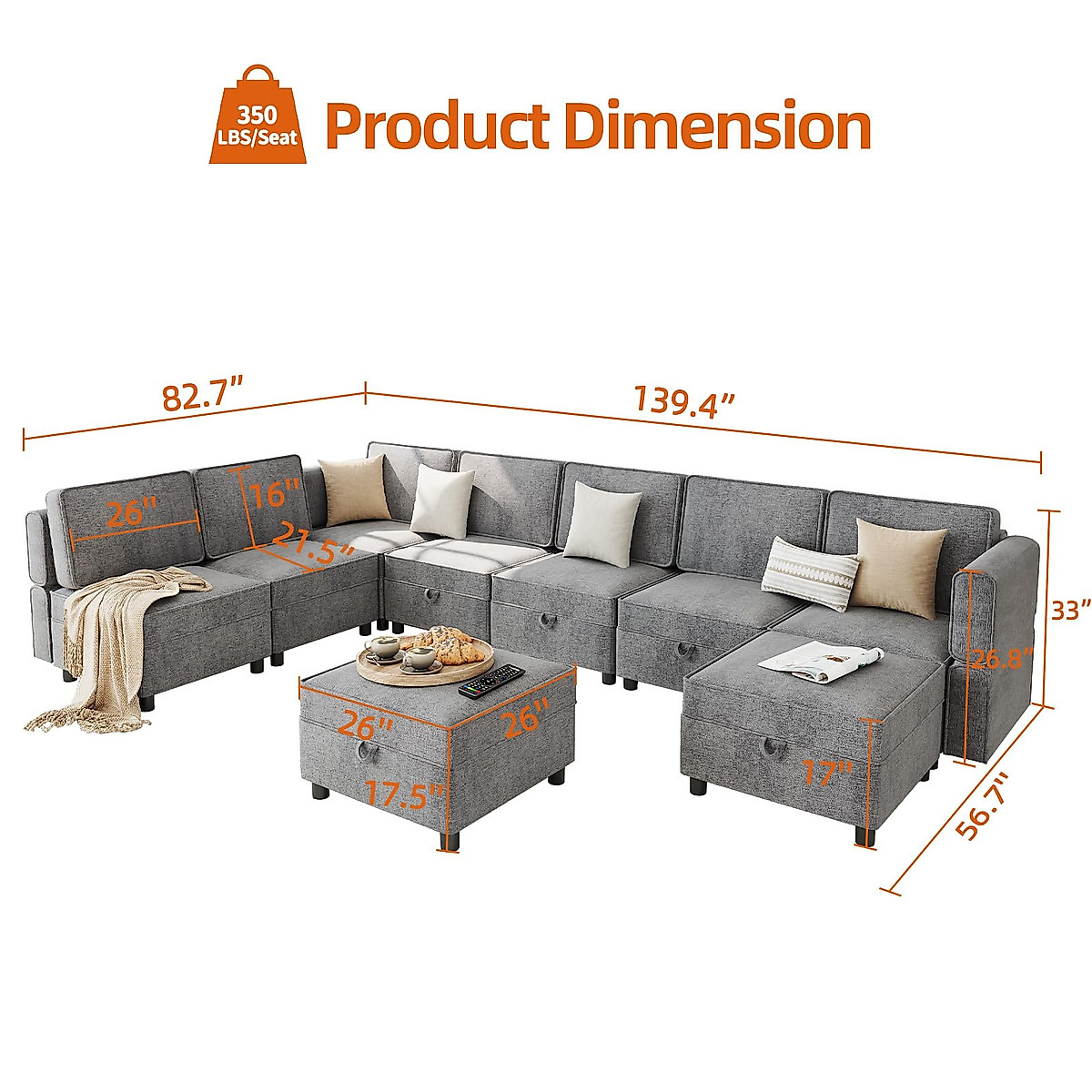 GAOMON 139.4" Chenille Reversible Sectional Sofa, 9-Seater Modular Sectional Sofa, Comfy Sectional Sleeper Sofa Couch with Chaise, U-Shape Modular Couch with Storage Seats & Ottomans, Grey