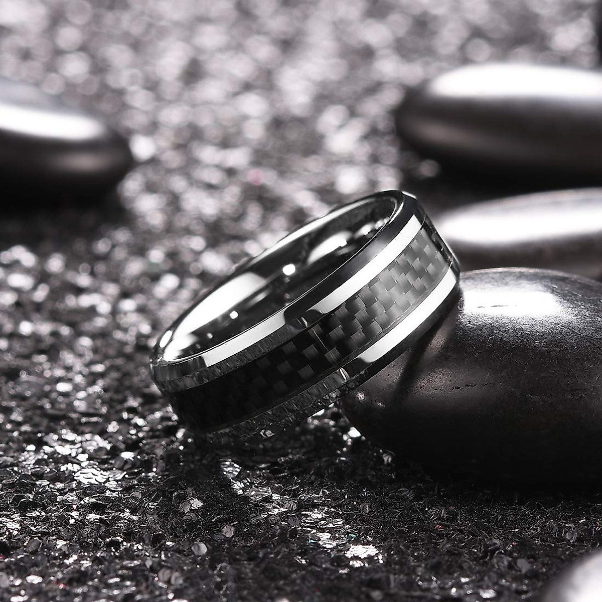 King Will GENTLEMAN Men's Black Tungsten Carbide 8mm Carbon Fiber Inlay Comfort Fit Wedding Band Ring 10