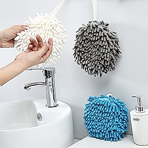 Emivery 3 Pack Chenille Hand Towels Soft Absorbent Microfiber Hanging Ball Towel Bathroom Kitchen Hand Drying Towels Wipe Cleaning