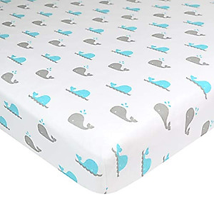 TL Care Fitted Mini Crib Sheet 24" x 38", Soft Breathable Neutral 100% Cotton Jersey Portable Sheet, Aqua Whale, for Boys and Girls, Fits Most Pack N Play and Mini Crib Mattresses