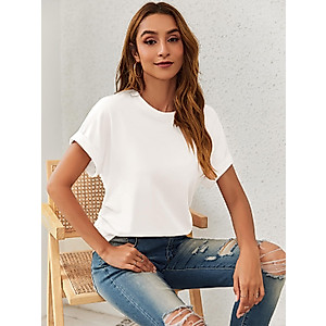 GeGekoko Women Short Sleeve Tshirts Crew Neck Basic Cotton Draped Tee Summer Ruched Side Top S-1L White