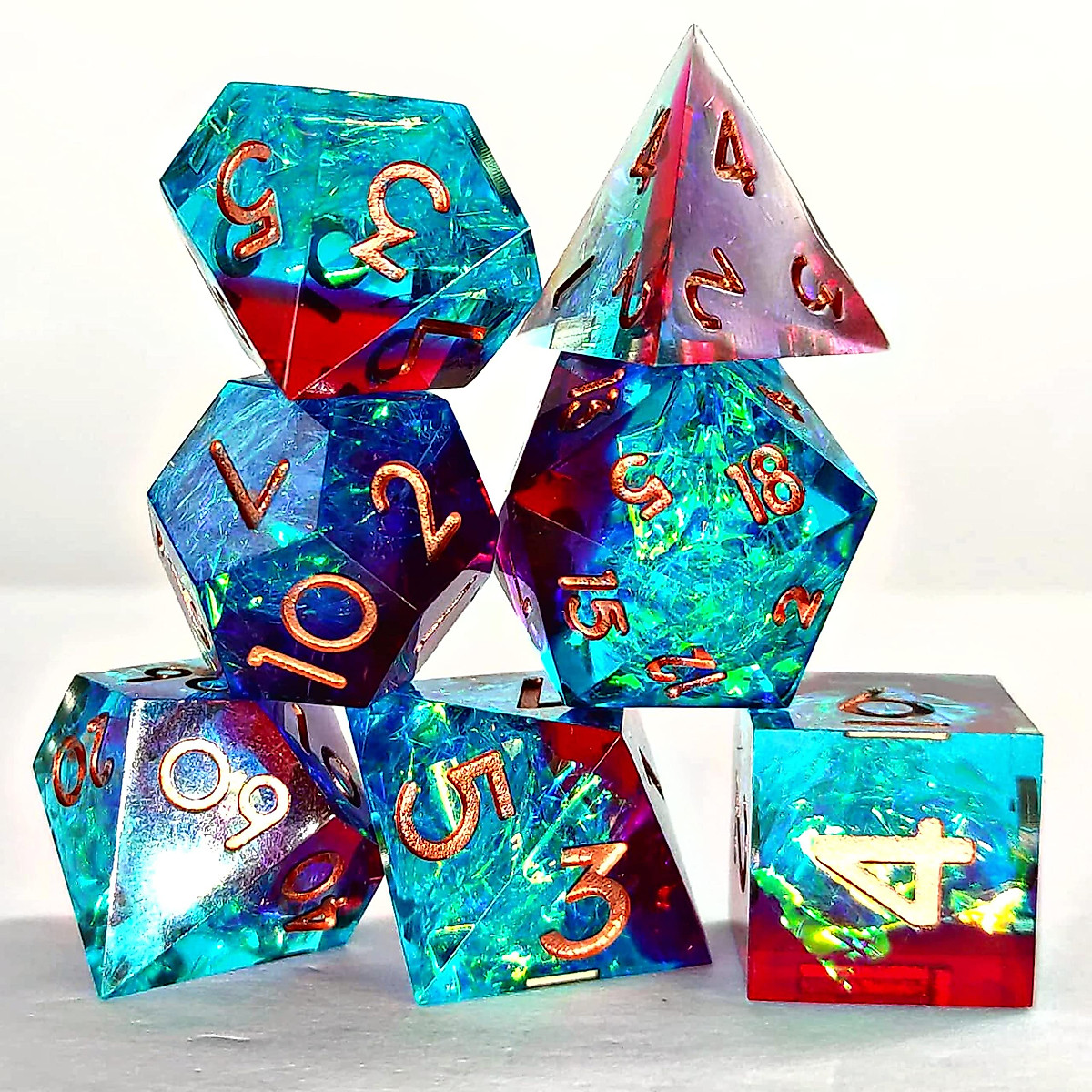 FOXBITE Sharp Dice 7 DND Dice Sets Polyhedral Teal Swirl Black with Sequins Inside with Gorgeous Box Case for DND Dungeons and Dragons (Teal Swirl Black with Sequins) (Fairies)