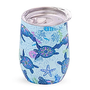 Vera Bradley Insulated Wine Tumbler, 12 Ounce Travel Cup, Blue Stainless Steel Tumbler with Lid, Turtle Dream