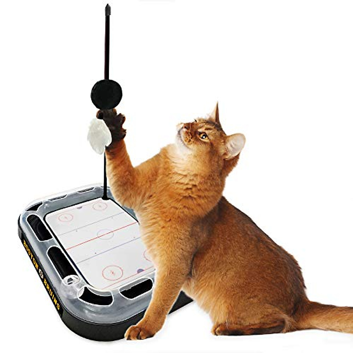 Pets First Cat Scratching Toy NHL Boston Bruins Hockey Field Cat Scratcher Toy with Interactive Cat Ball Bell in Tracks. 5-in-1 CAT Toy: Cat Wand Poll with Catnip Filled Plush Hockey Puck & Feathers.