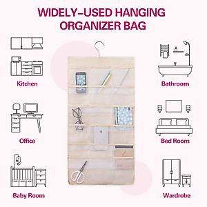 Hanging Mess Pockets Dual Sided Wall Shelf Wardrobe Organizers Storage Bags,Closet Hanging Organizer with 36 Mesh Pockets & Rotating Metal Hanger,for Bra Underwear Underpants Shoes Sock (Beige)
