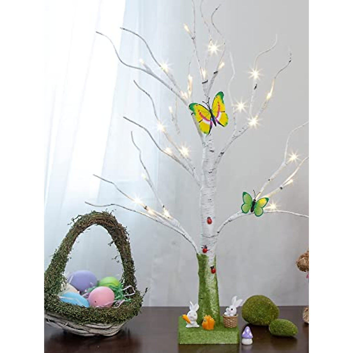EAMBRITE Tabletop Tree Spring Decor, Easter Tree with Timer Battery Powered, White Birch Tree Rustic Farmhouse Centerpiece Table Artificial Twig Tree Decorations for Home Party Indoor (2 FT/24 LED)